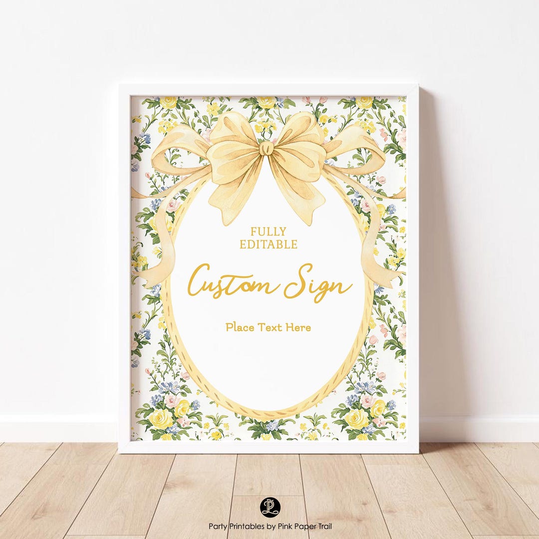 Grandmillennial Baby Shower Table Sign - Yellow Floral & Bow Editable ...