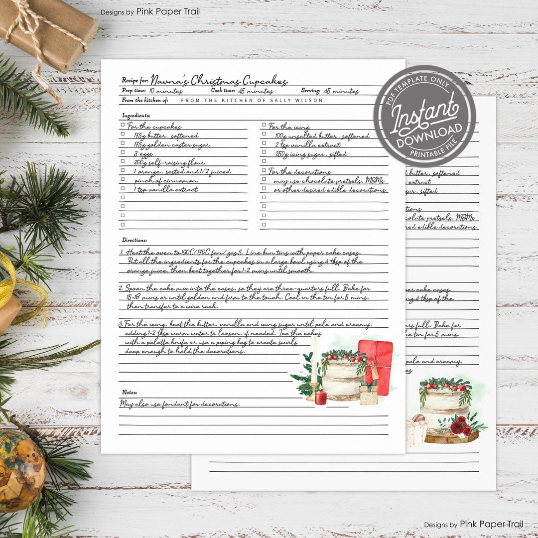 Editable Christmas Themed Recipe Page Template Card, Rustic Christmas ...