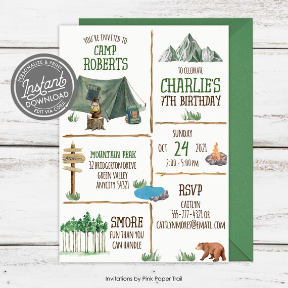 EDITABLE Camping Birthday Invitation, Camp Trail Outdoor Adventure ...