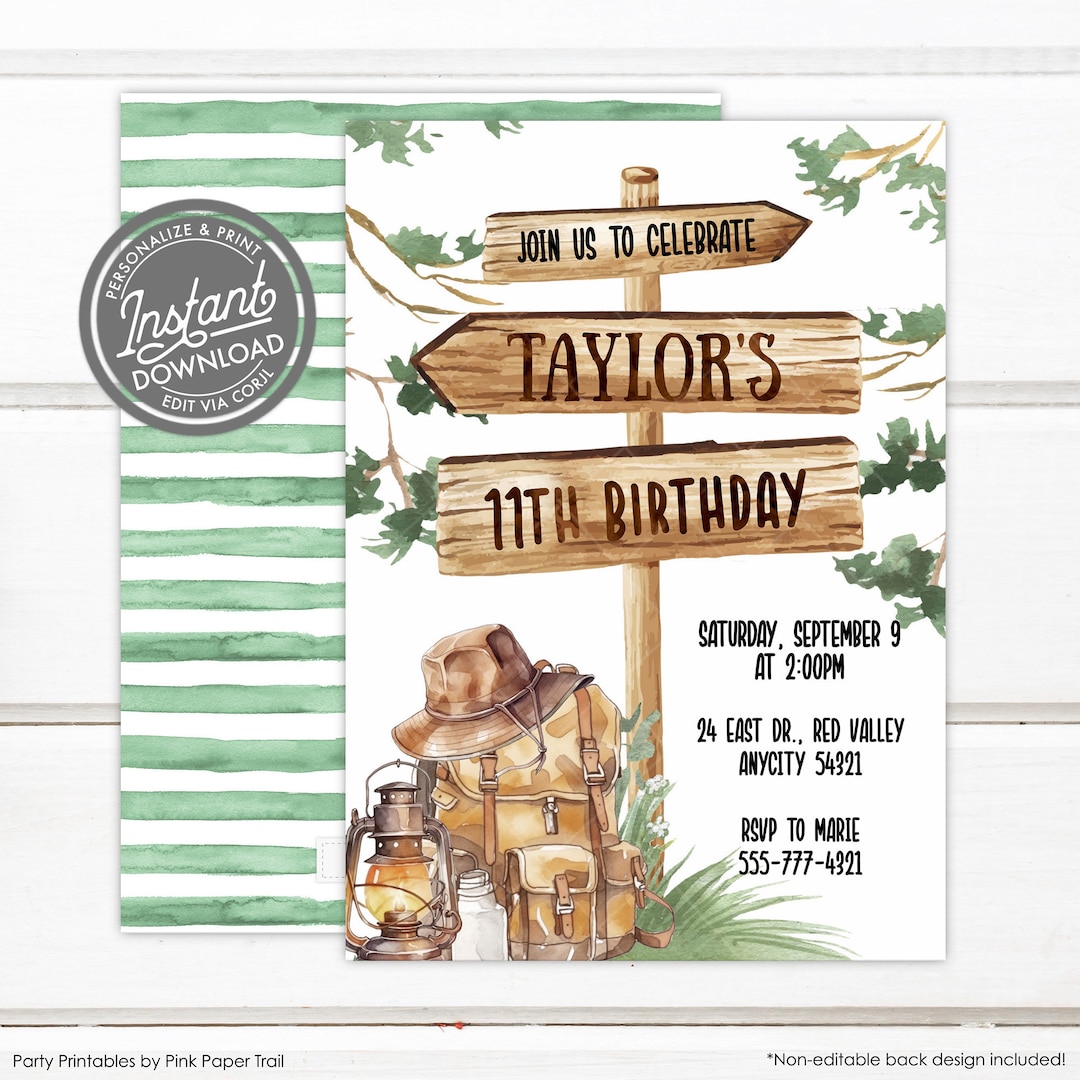 Adventure Nature Trail Hiking Birthday Invitation Nature Park Camping ...