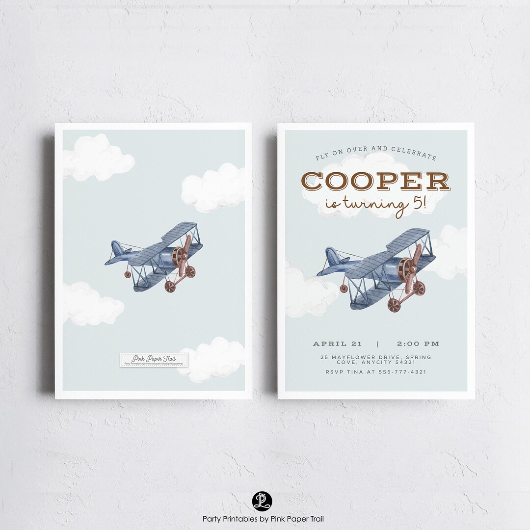 Airplane Birthday Invitation Aviation Theme Party Invite Retro Airplane ...