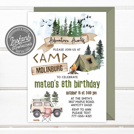 EDITABLE Camping Nature Trail Outdoor Adventure Birthday Invitation ...