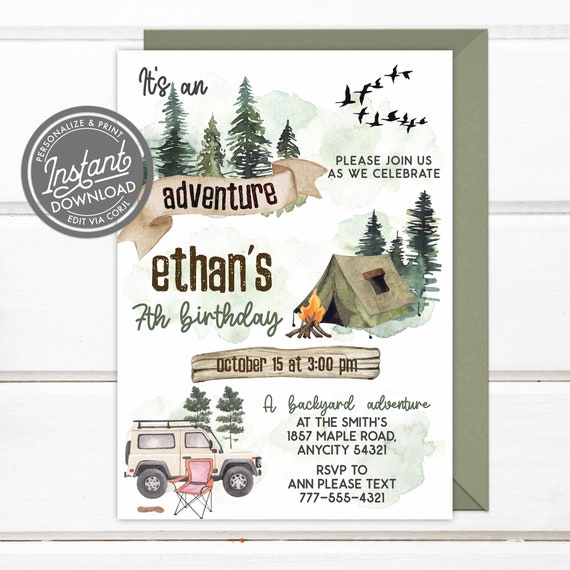 EDITABLE Outdoor Adventure Camping Nature Trail Birthday - Etsy