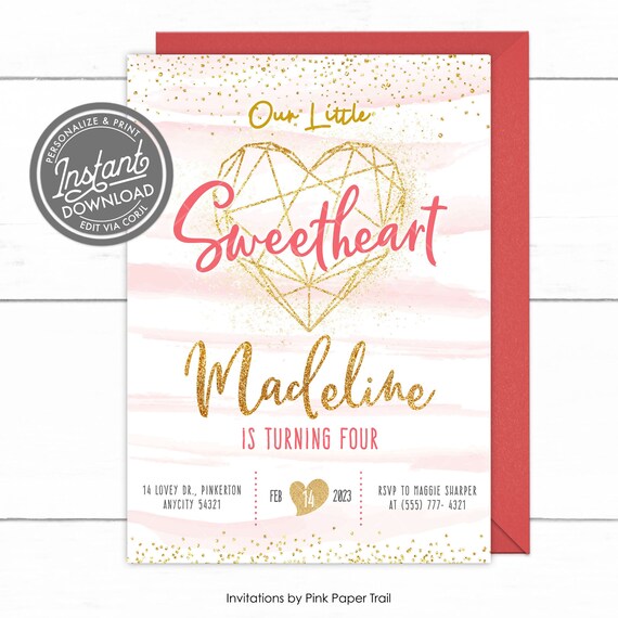 Editable Valentines Birthday Invitation in Lovely Blush Pink and Gold ...