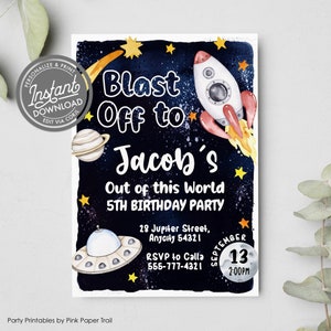 Blast off Outer Space Rocket Ship Birthday Party Invitation, Space Ship ...
