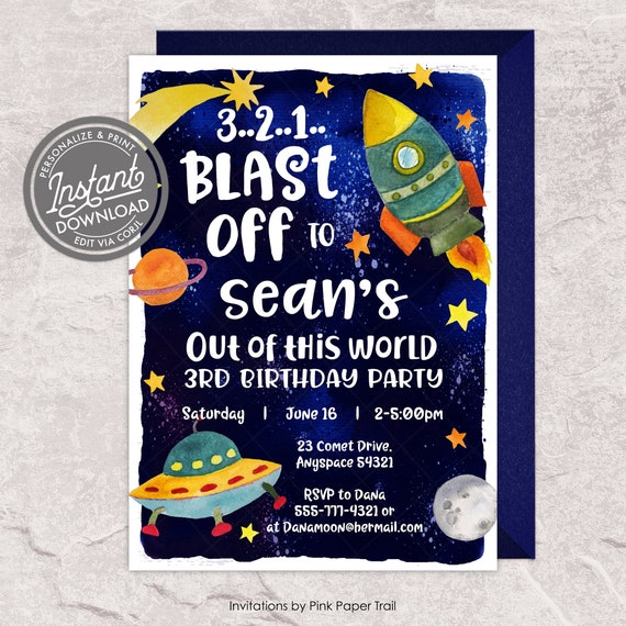 EDITABLE Outerspace Birthday Invitation, Blast Off Space Ship Rocket ...