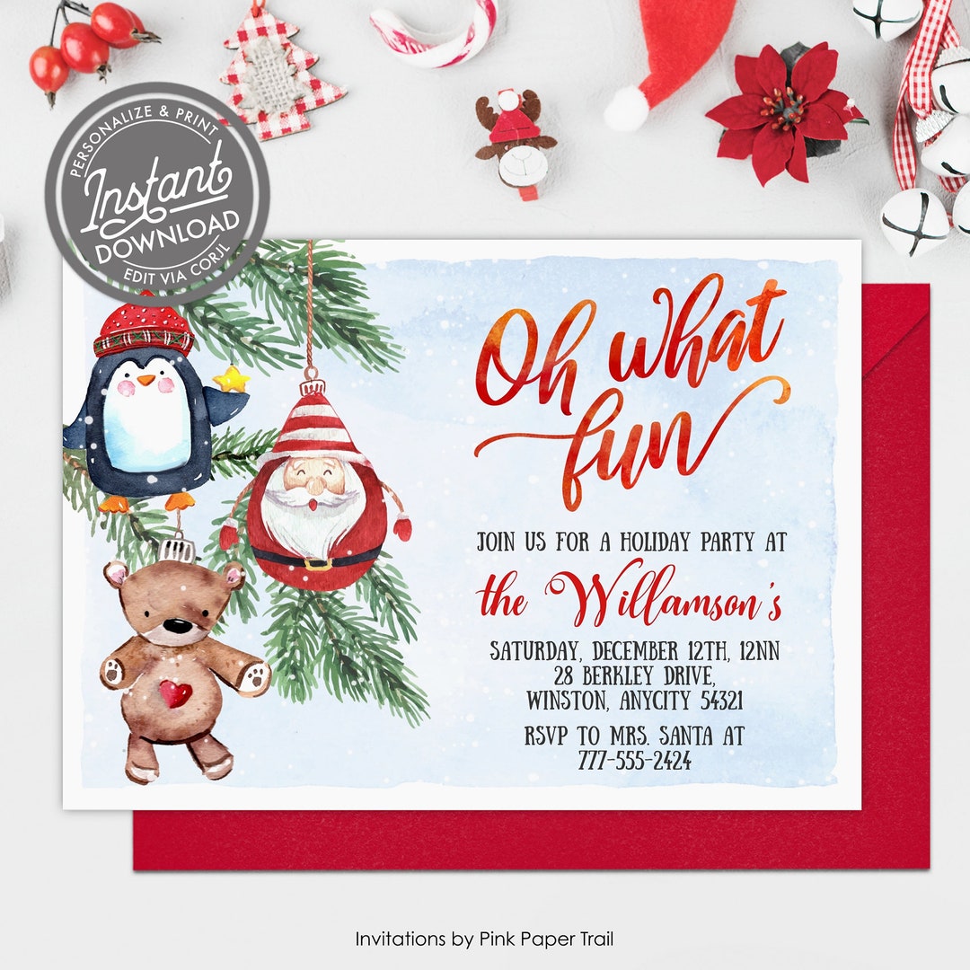EDITABLE Oh What Fun Christmas Holiday Party Invitation, Cute Fun ...