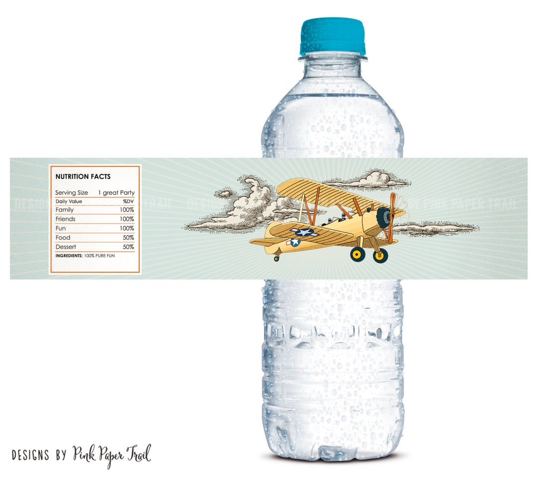 Vintage Retro Airplane Water Bottle Labels, Party Printables, Instant ...