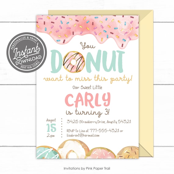 EDITABLE Donut Party Invitation, Pastel Donut Birthday Party Invite ...