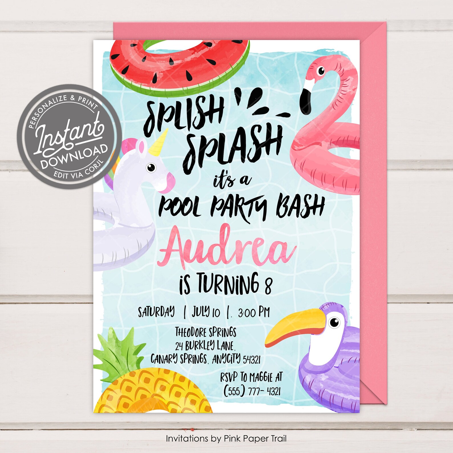EDITABLE Pool Party Bash Birthday Invitation Summer Tropical | Etsy