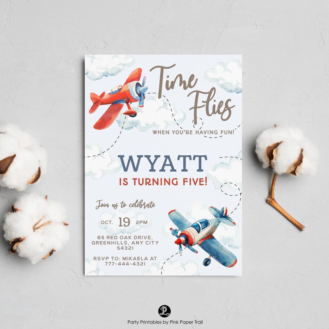 Airplane Birthday Invitation Template, Editable Retro Biplane Birthday ...