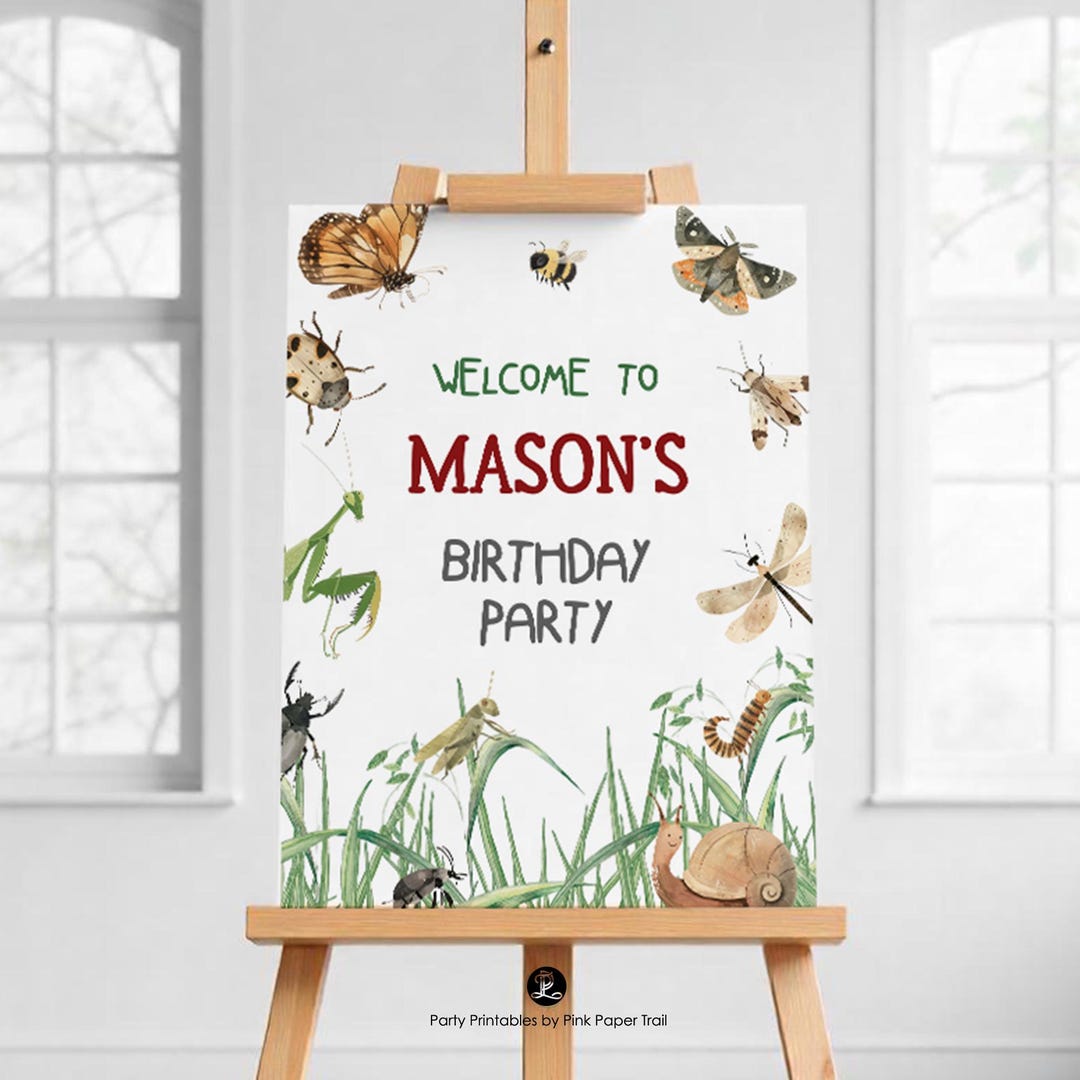 EDITABLE Bugs Insects Birthday Welcome Party Sign, Outdoor Nature ...