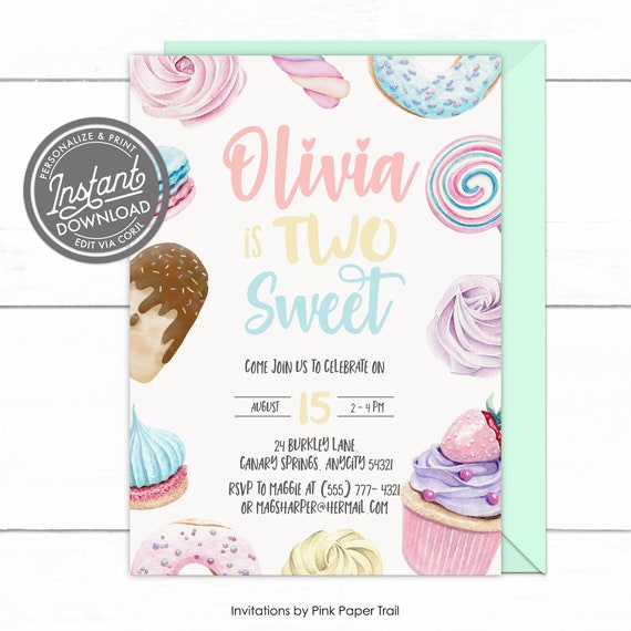 EDITABLE Two Sweets Birthday Party Invitation Pastel Donut Candies ...