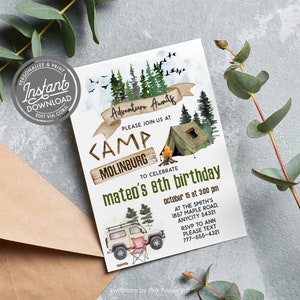 EDITABLE Camping Nature Trail Outdoor Adventure Birthday Invitation ...