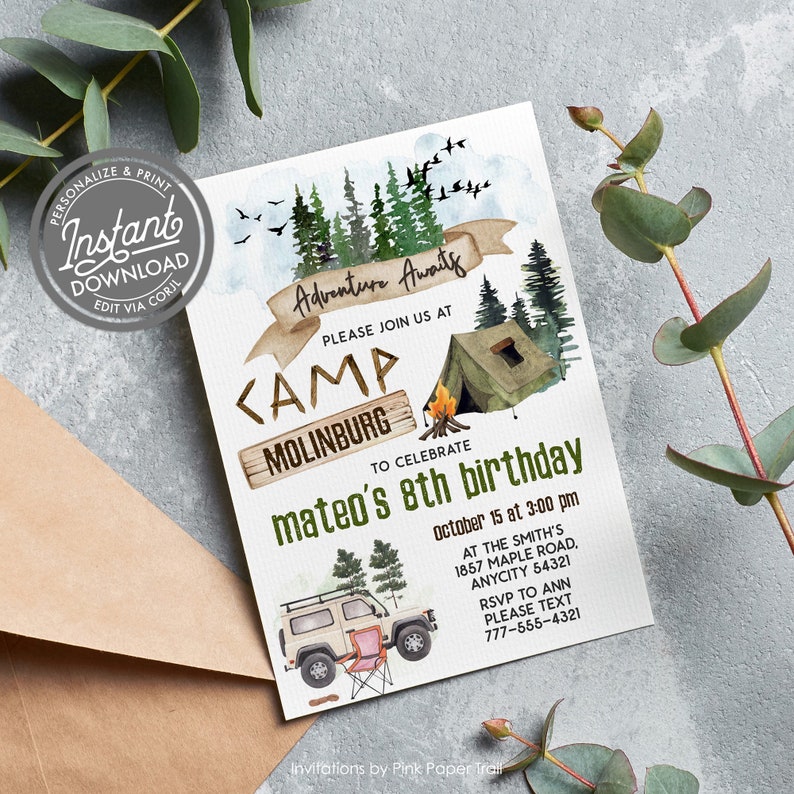 EDITABLE Camping Nature Trail Outdoor Adventure Birthday Invitation ...