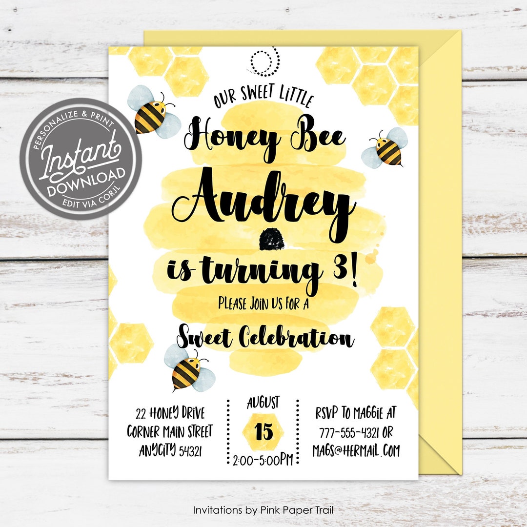 EDITABLE Bee Birthday Invitation, Busy Bee Buzz by Honey Bee Birthday ...