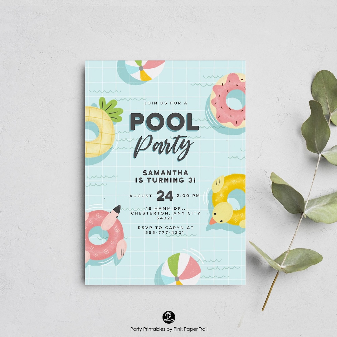 Editable Cute Pool Party Invitation Template, Hand Drawn Pool Floaties ...
