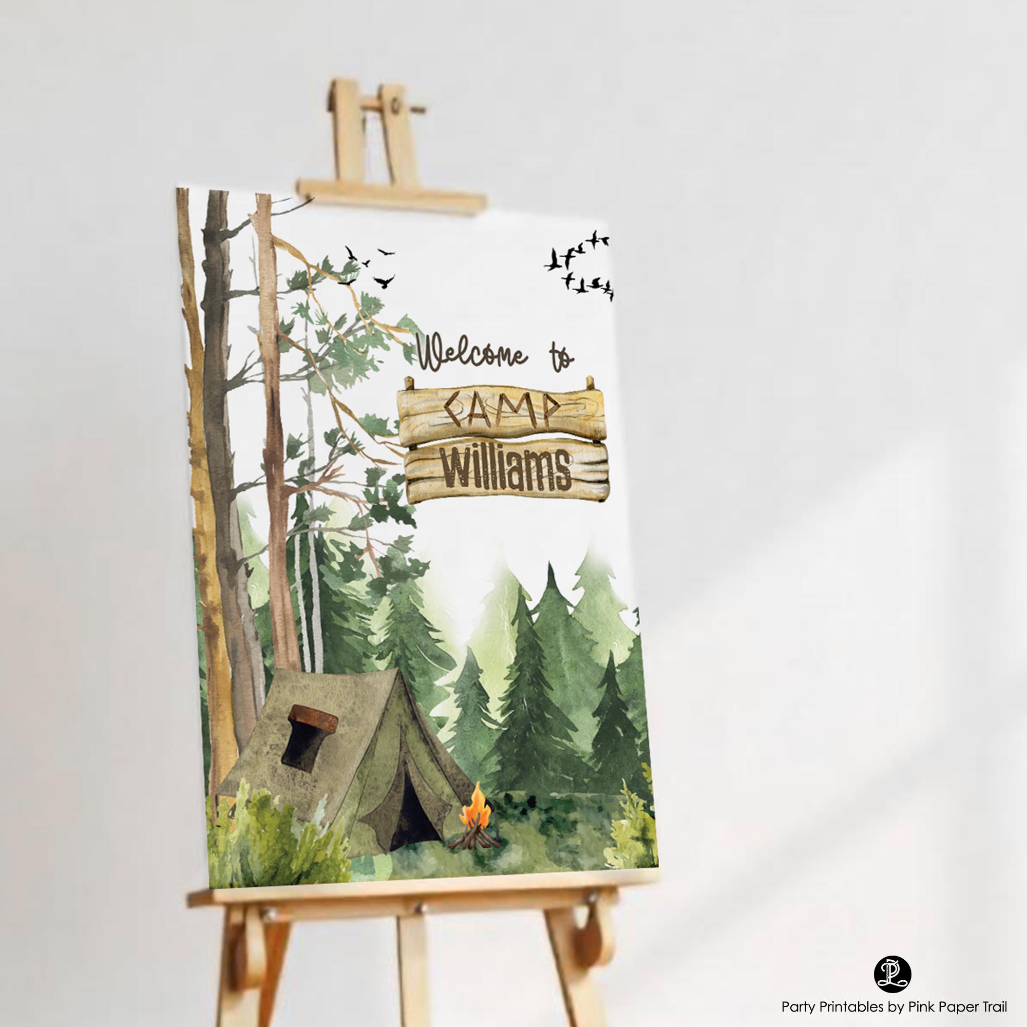 EDITABLE Nature Trail Outdoor Camping Adventure Birthday Welcome Sign ...