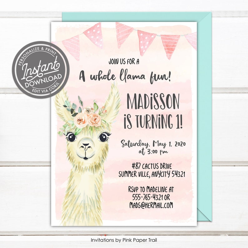 EDITABLE Llama Birthday Party Invitation Alpaca Cactus Party | Etsy