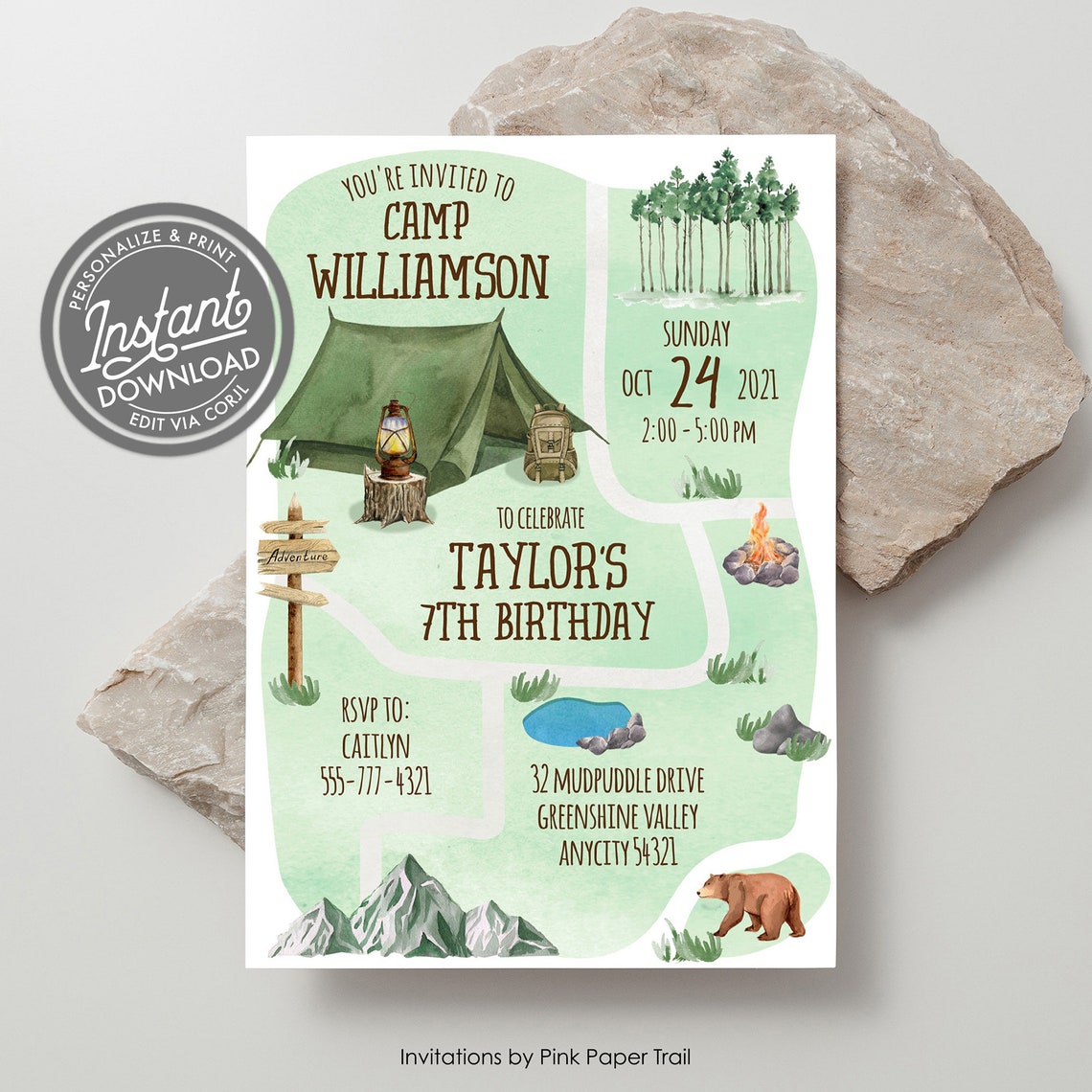 EDITABLE Camping Birthday Invitation Camp Trail Outdoor - Etsy