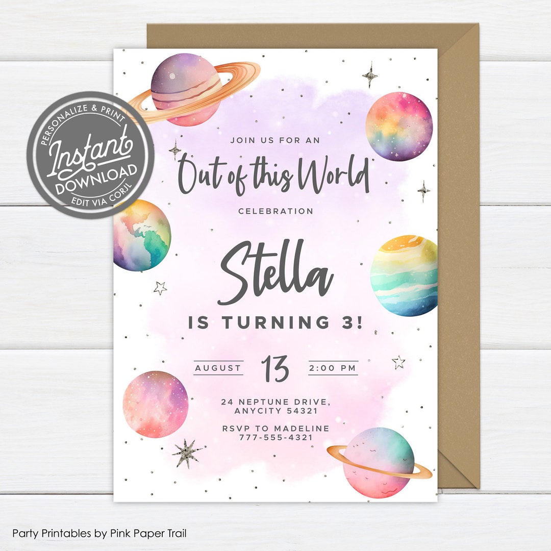 Editable Out of This World Birthday Party Invitation, Girly Outer Space ...