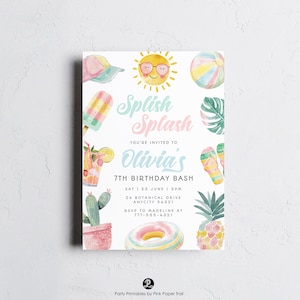 Editable Summer Tropical Birthday Party Invitation Girly Pool Party ...