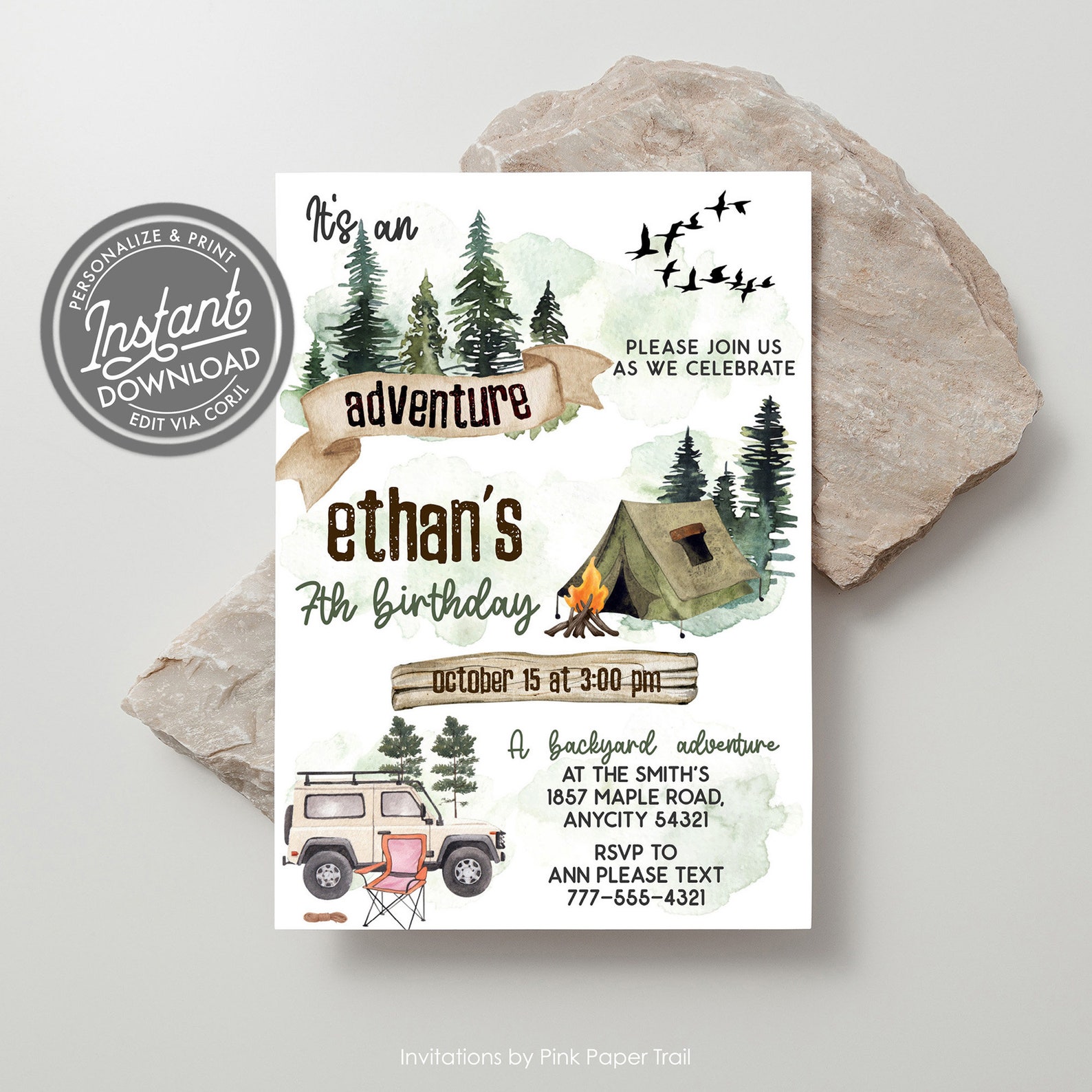 EDITABLE Outdoor Adventure Camping Nature Trail Birthday - Etsy