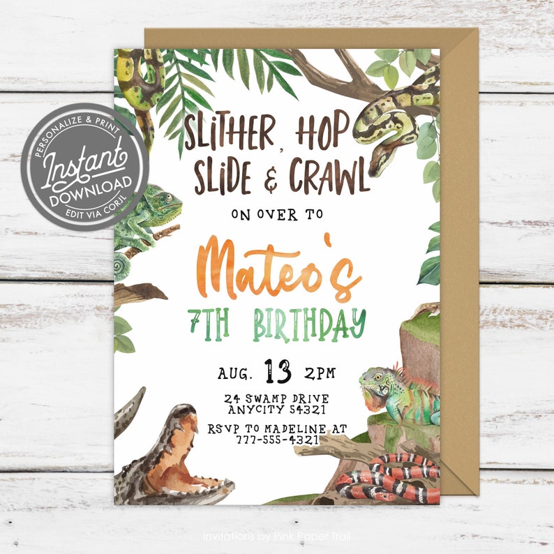 EDITABLE Reptile Birthday Invitation Snakes Lizards - Etsy