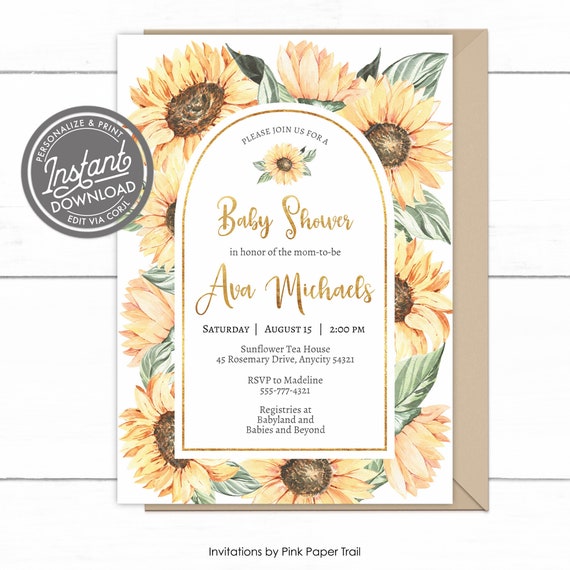 EDITABLE Sunflower Baby Shower Invitation, Lovely Floral Sunflower Baby ...