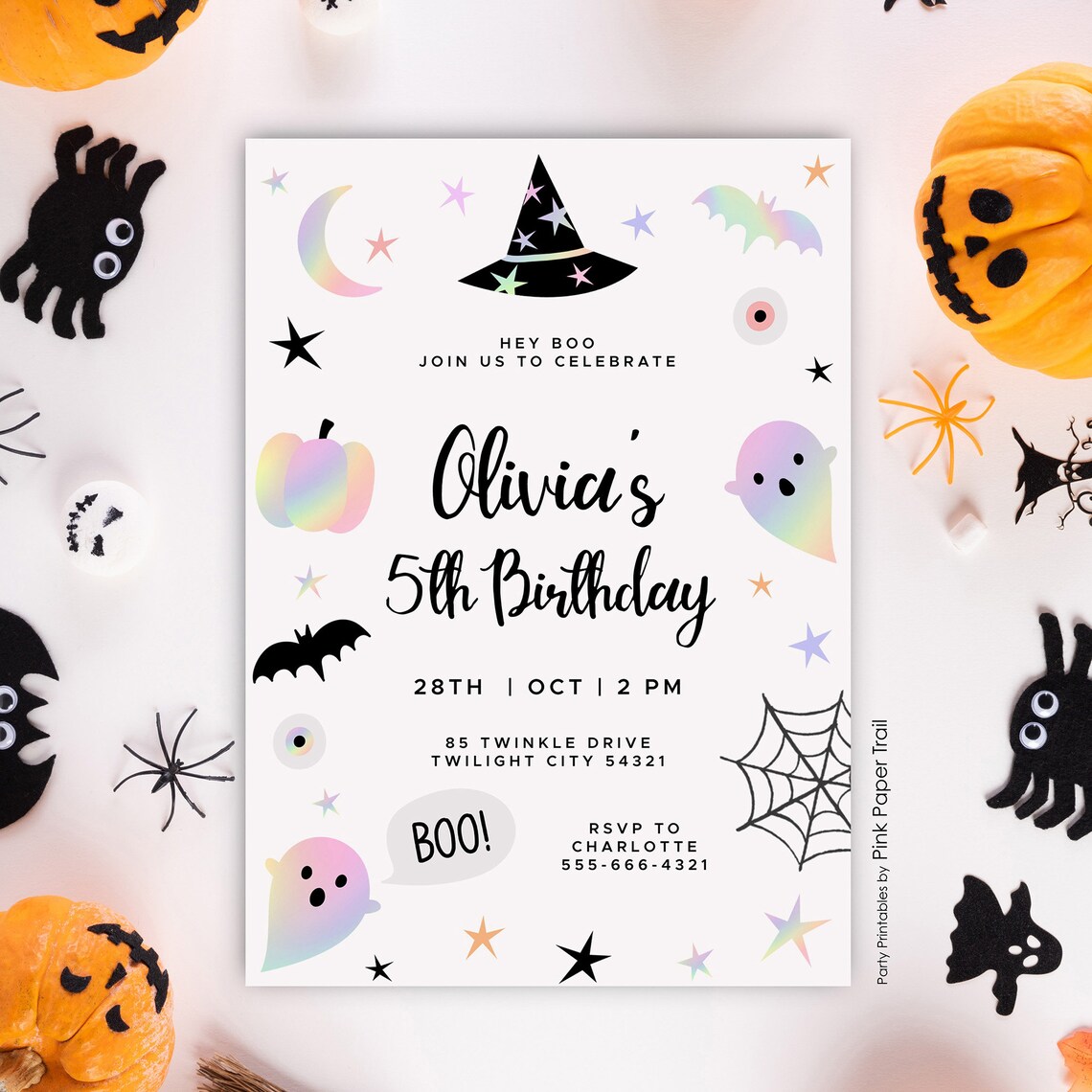 Editable Halloween Birthday Invitation, Pastel Girly Cute Ghost ...