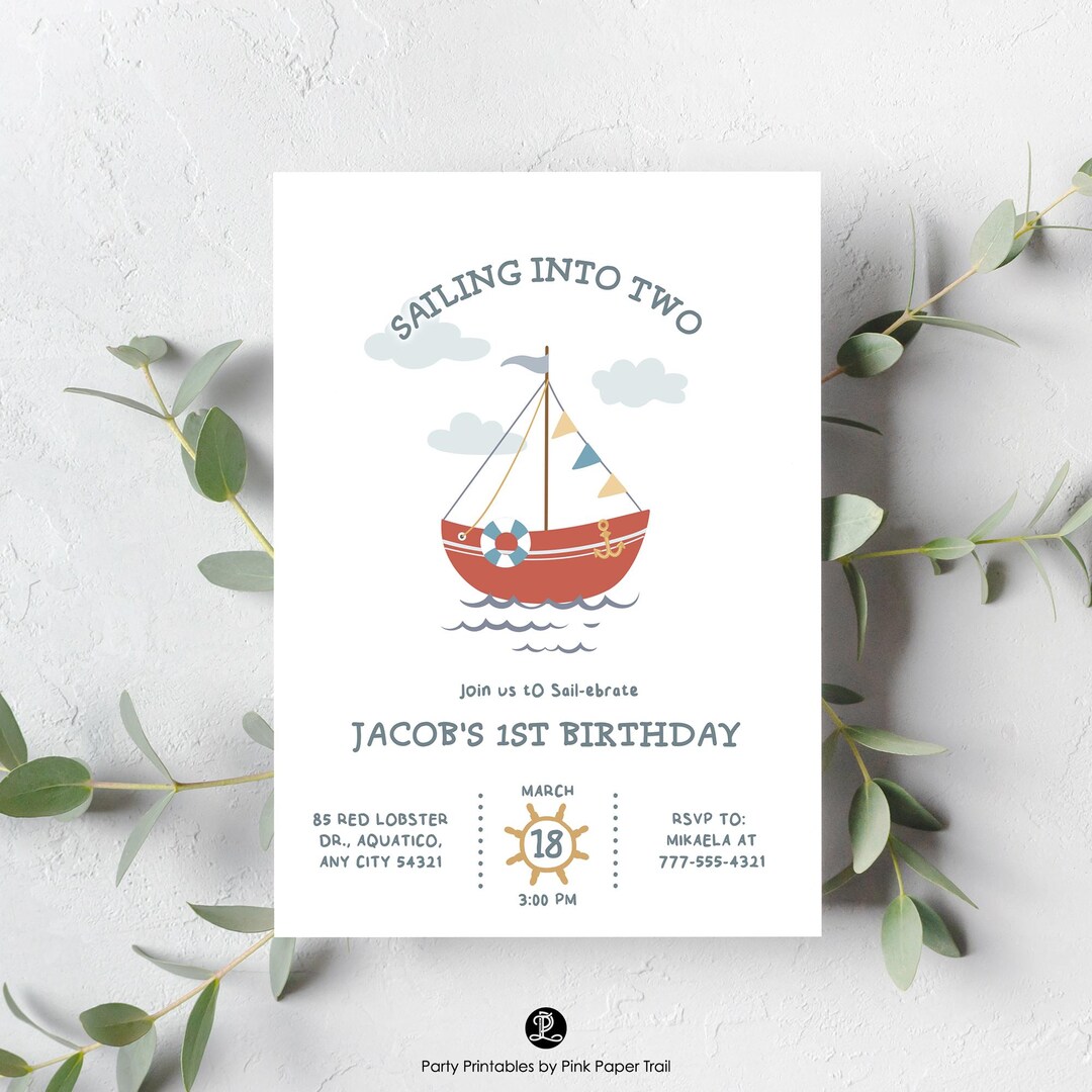 EDITABLE Cute Nautical Birthday Invitation, Modern Sail Boat Birthday ...