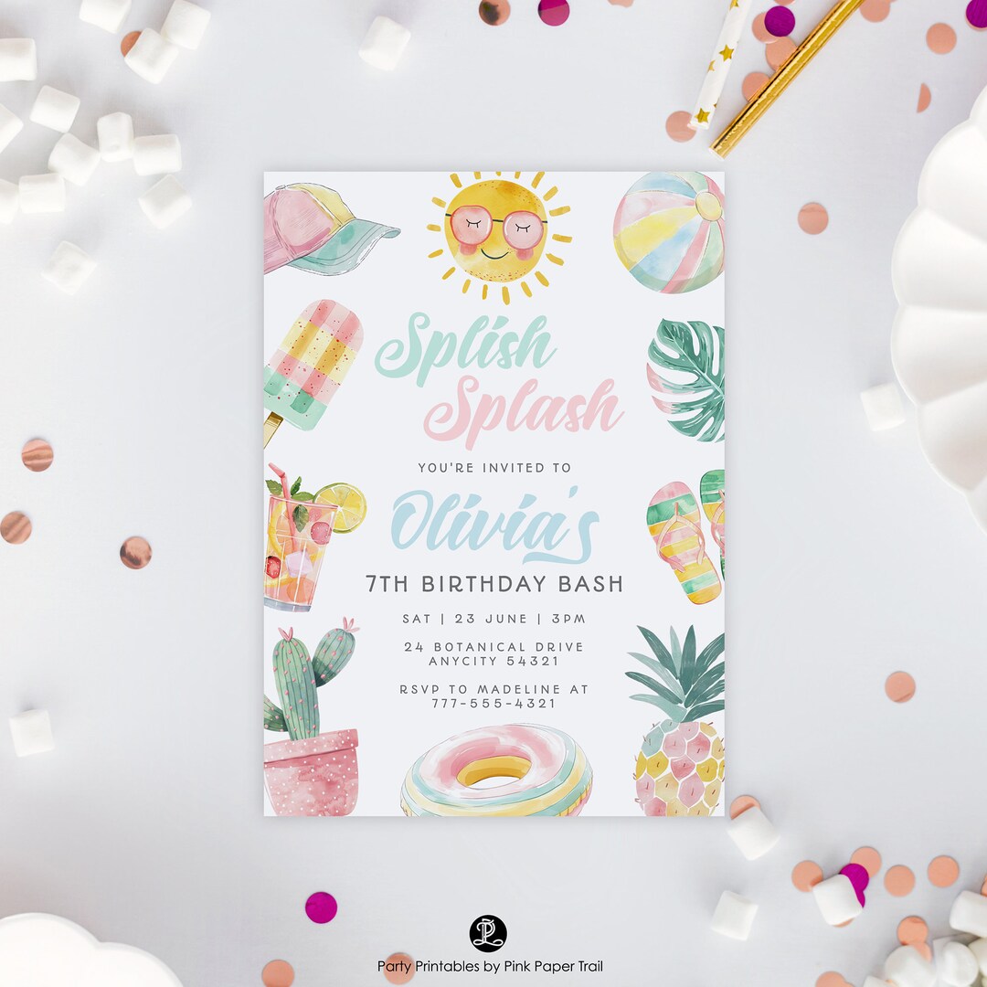 Editable Summer Tropical Birthday Party Invitation Girly Pool Party ...