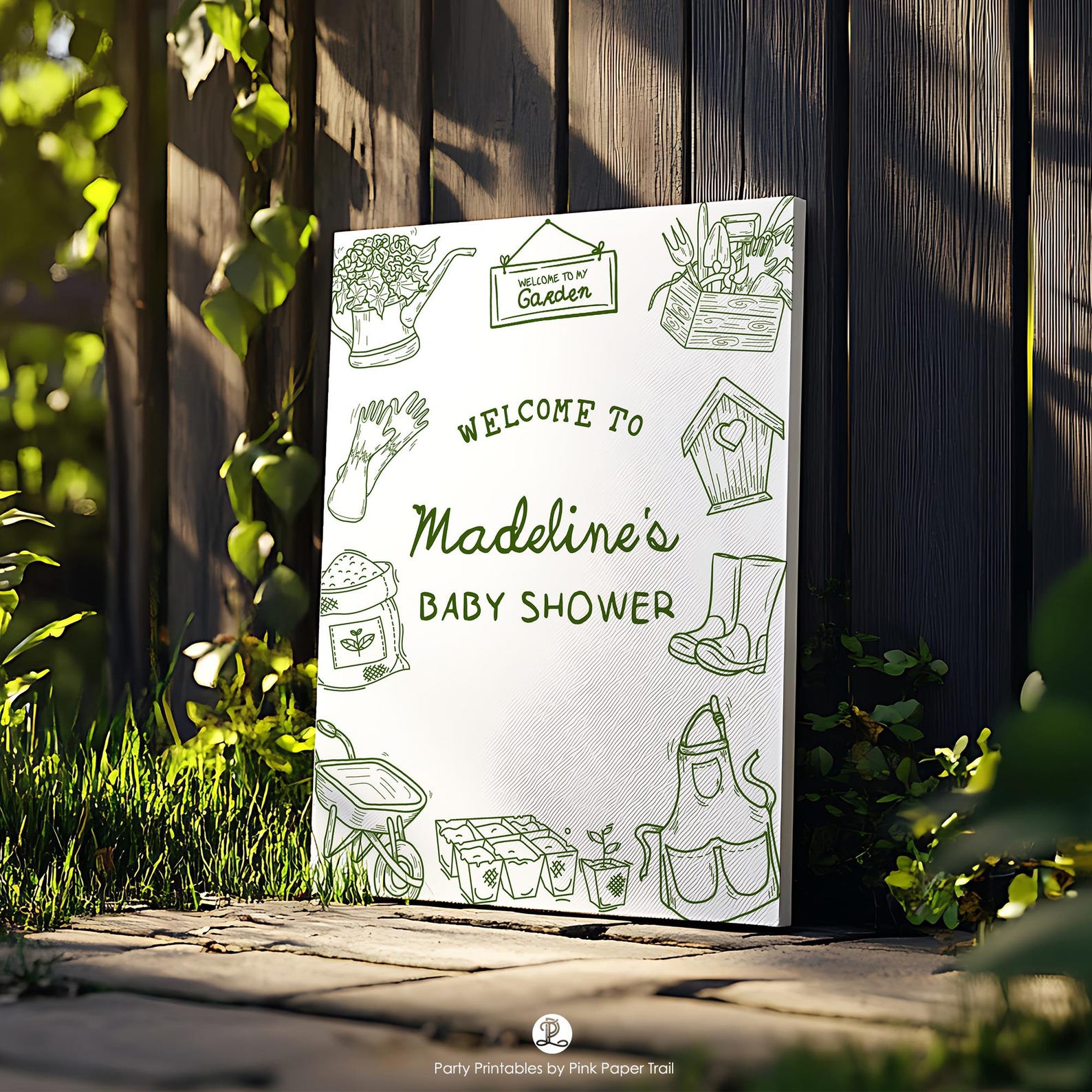 Editable Gardening Theme Welcome Party Sign, Garden Tea Party Line Art ...