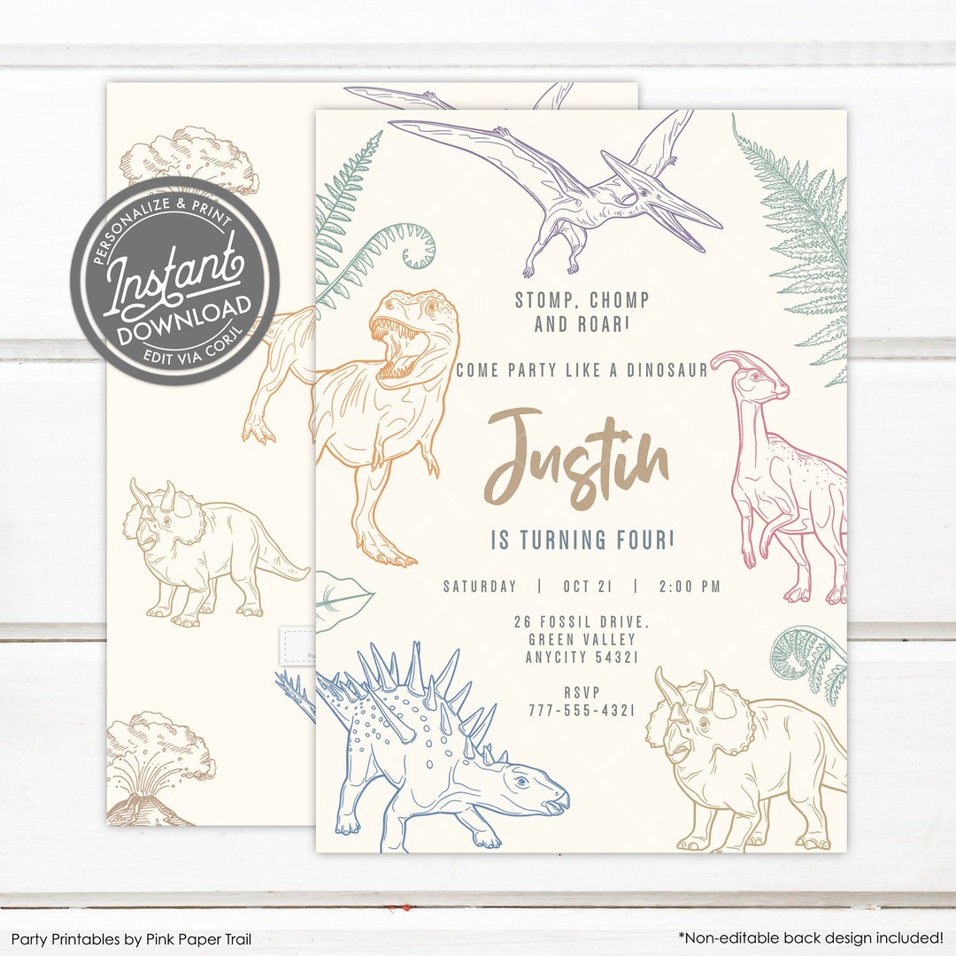 Dinosaur Birthday Invitation Modern Colorful Jurassic Prehistoric ...