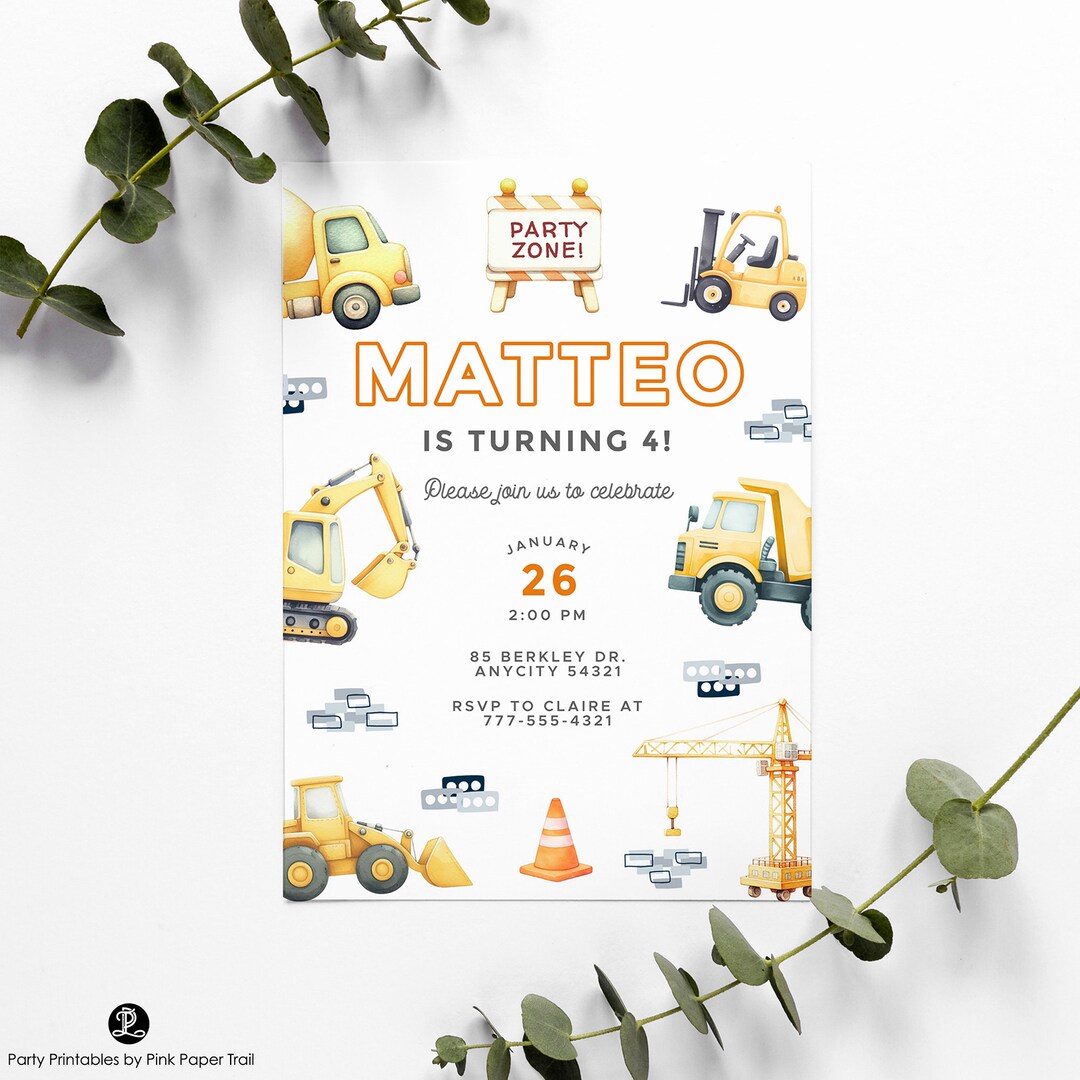 Editable Construction Birthday Party Invitation Template, Construction ...