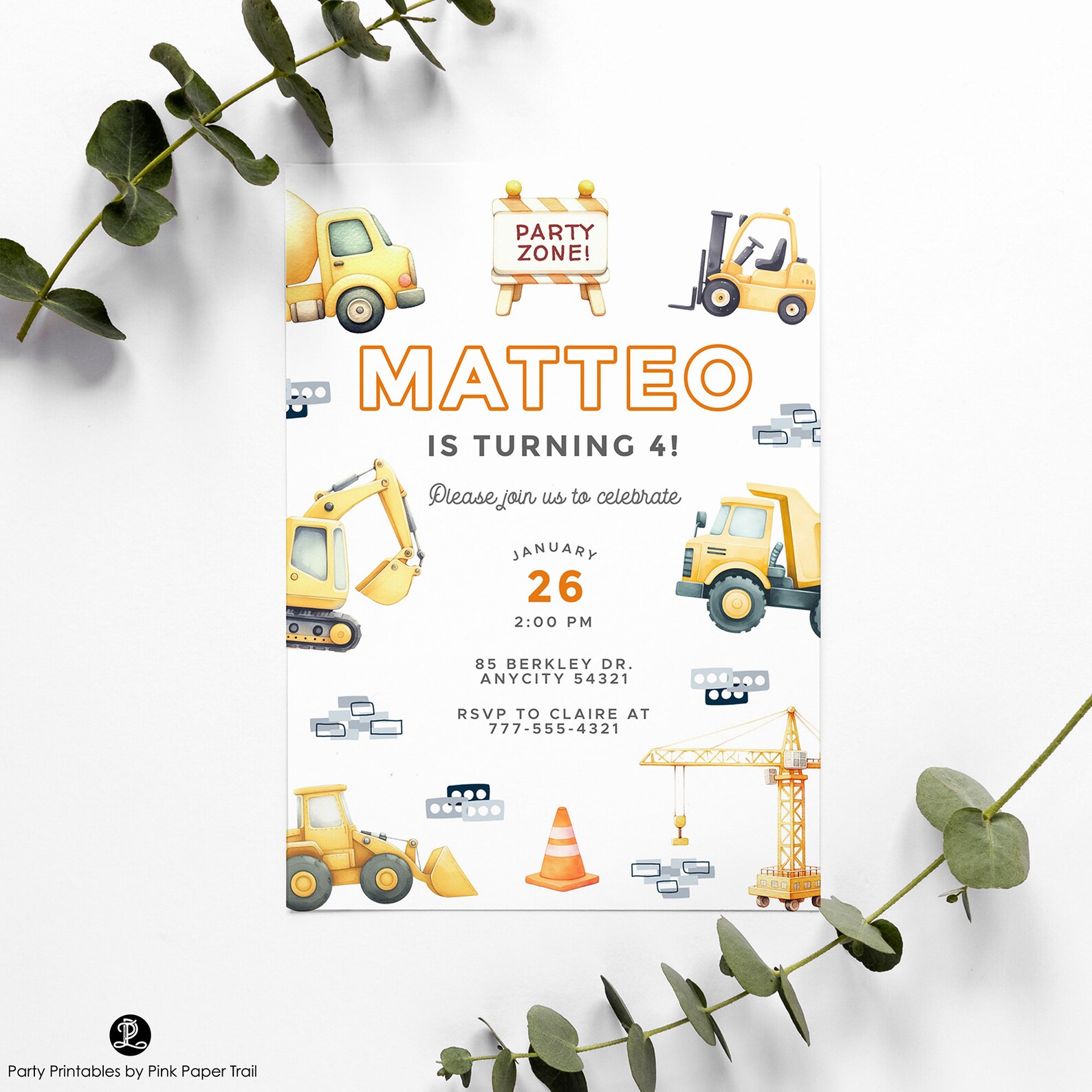 Editable Construction Birthday Party Invitation Template, Construction ...