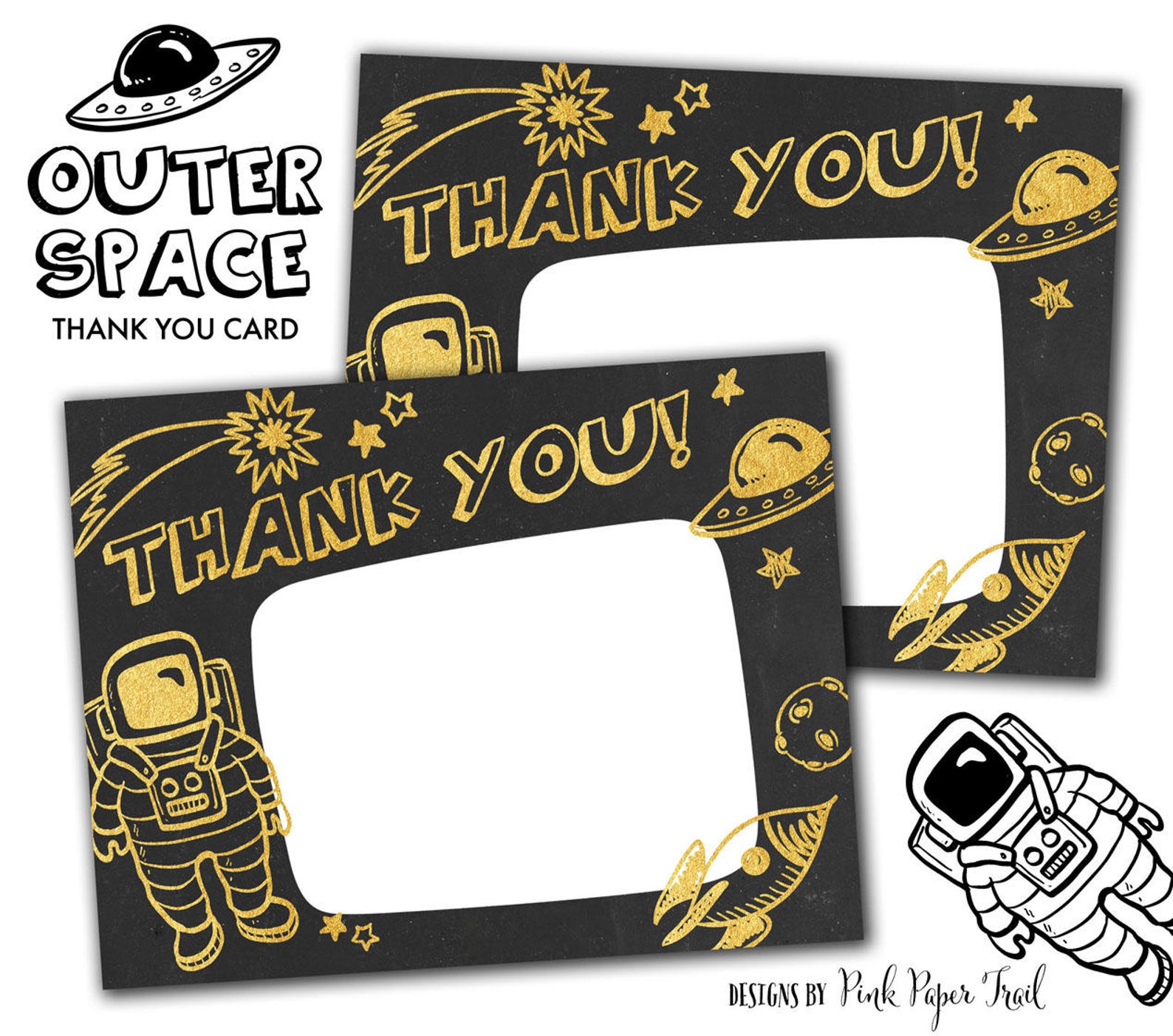 Outer Space Party Thank You Card Astronaut Alien Space Ship | Etsy