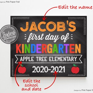 EDITABLE First Day of Kindergarten Sign, Chalkboard Back to School ...