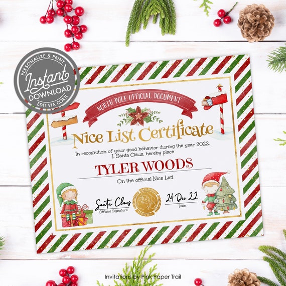 EDITABLE Nice List Certificate Printable Santa's Official Nice List ...