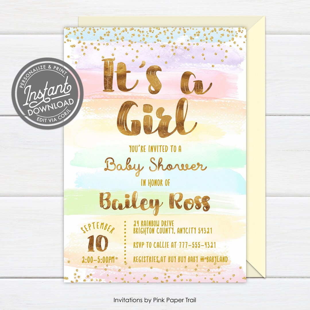 EDITABLE Pastel Rainbow With Gold Glitter Sprinkle Confetti Baby Shower ...