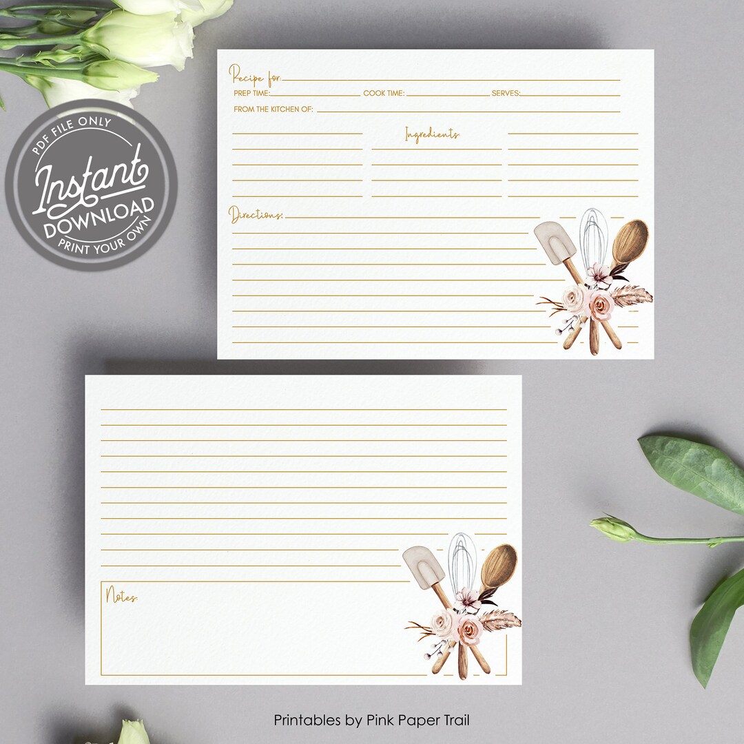 Boho Theme Floral Printable Recipe Card PDF File Instant Download ...