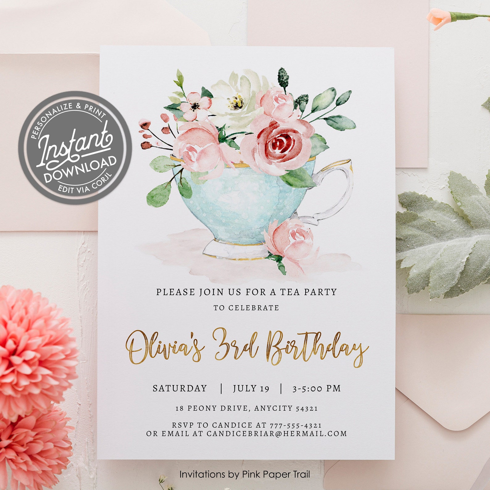 EDITABLE Tea Party Invite Tea Party Birthday Invitation | Etsy