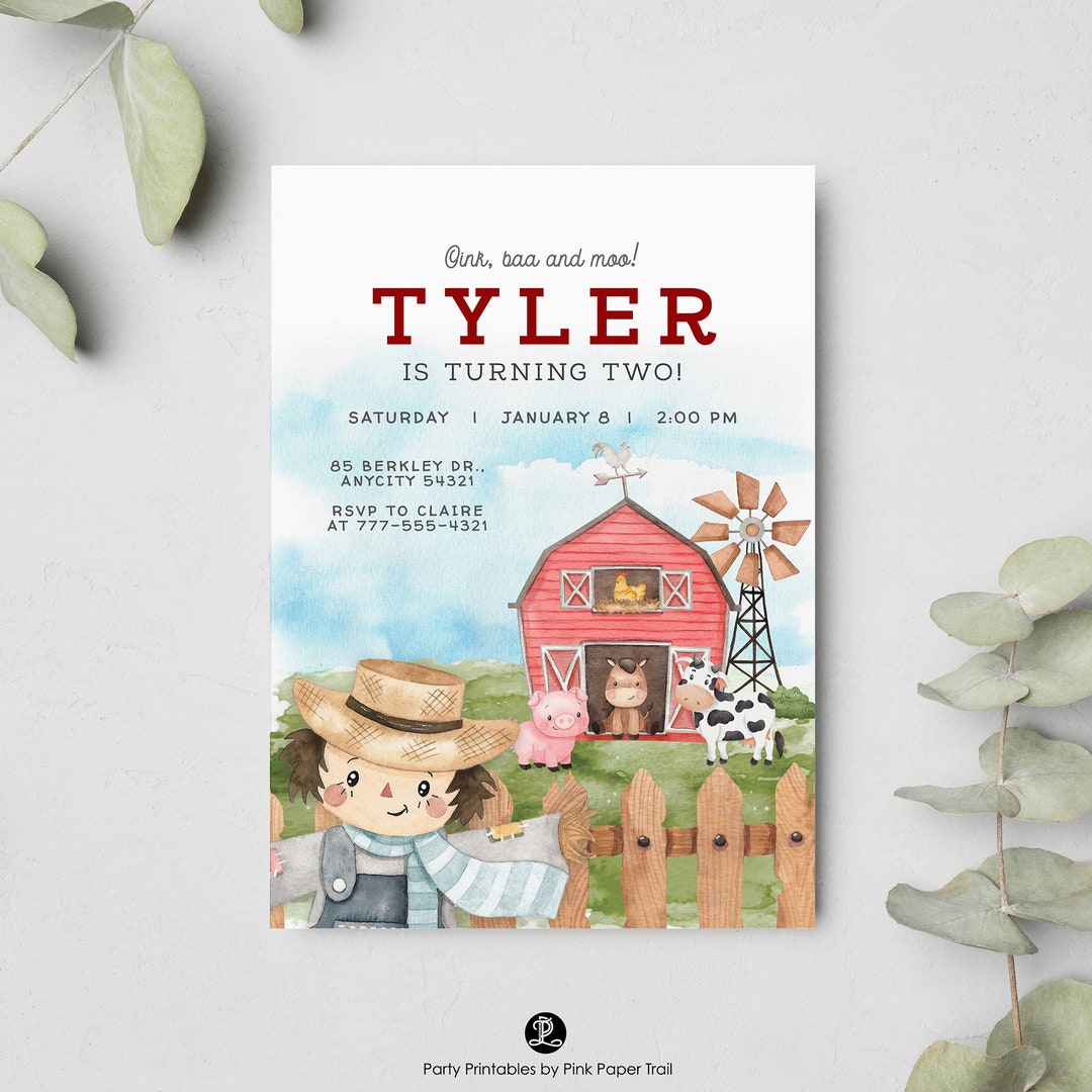 Editable Farm Scarecrow Theme Party Birthday Invitation Template, Cute ...