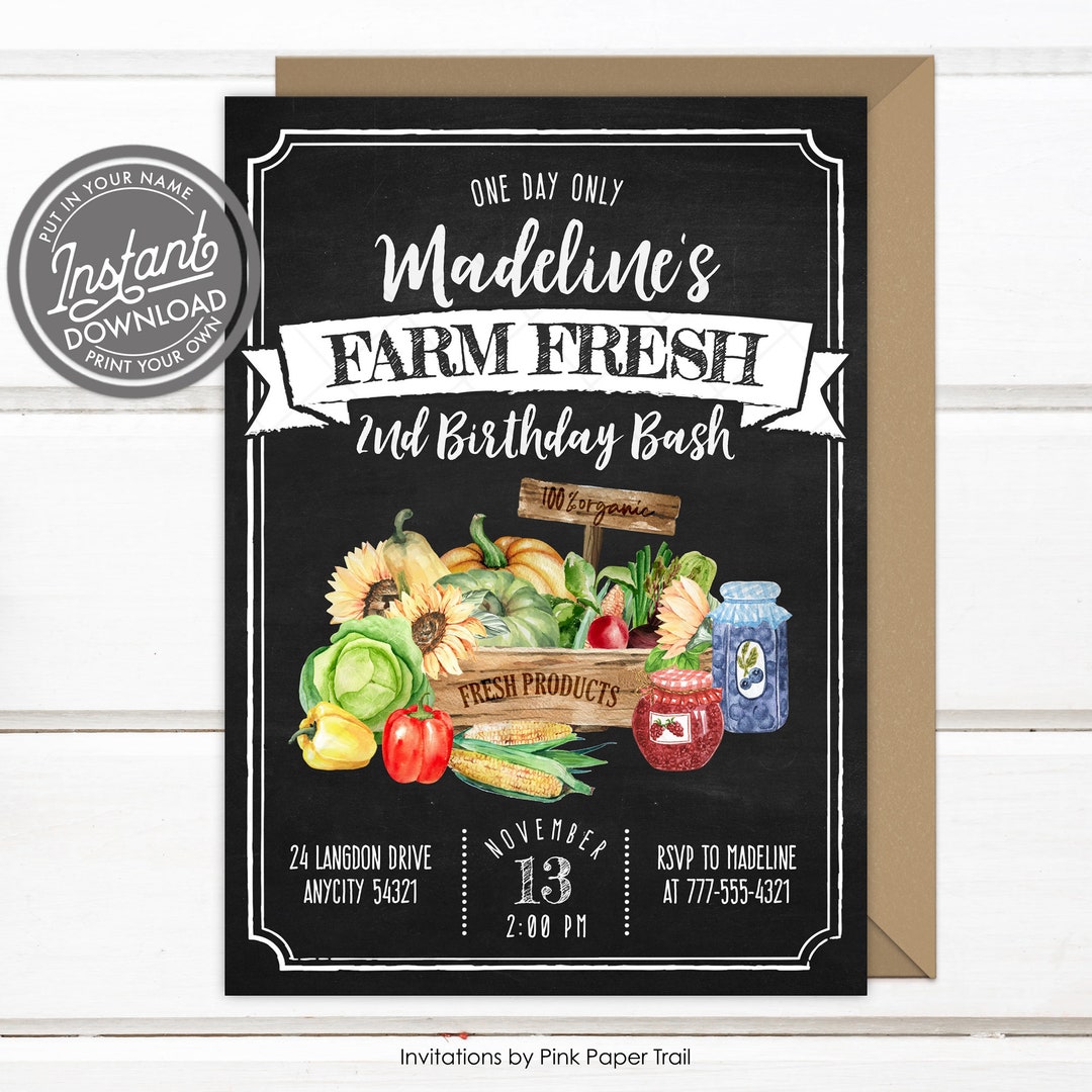 EDITABLE Farmers Market Birthday Chalkboard Style Invitation Farm Fresh ...