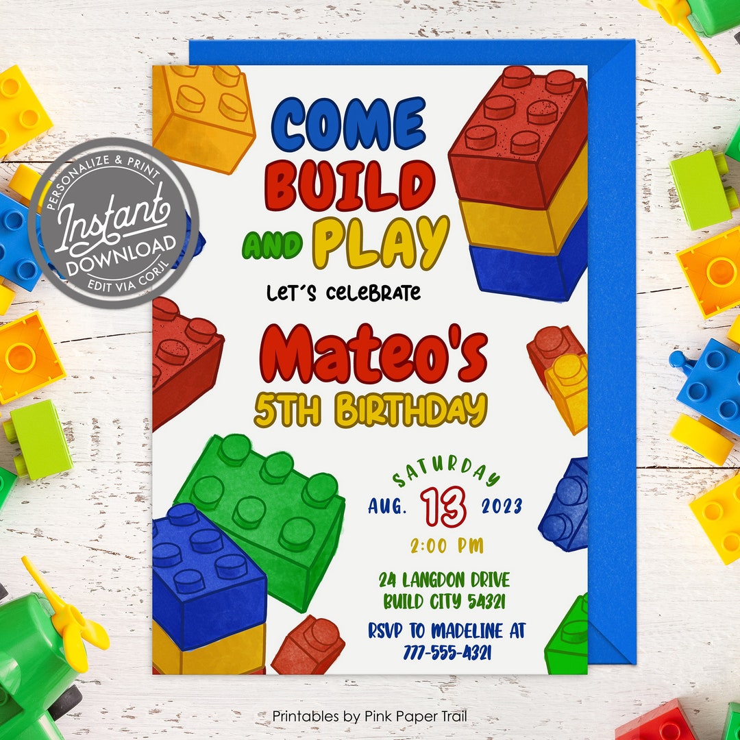 EDITABLE Building Blocks Birthday Invitation, Colorful Brick Building ...