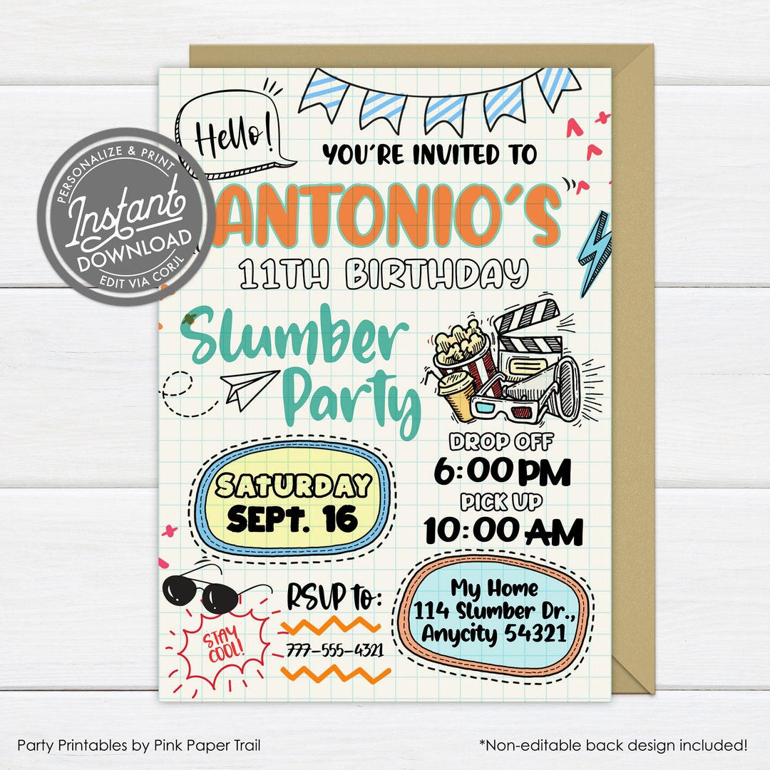 EDITABLE Sleepover Birthday Invitation, Boy Slumber Party, Slumber ...