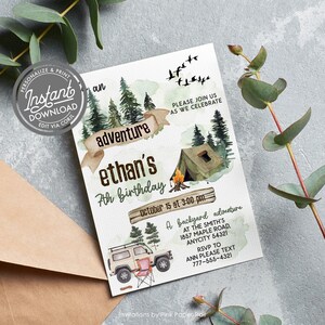 EDITABLE Outdoor Adventure Camping Nature Trail Birthday Invitation ...