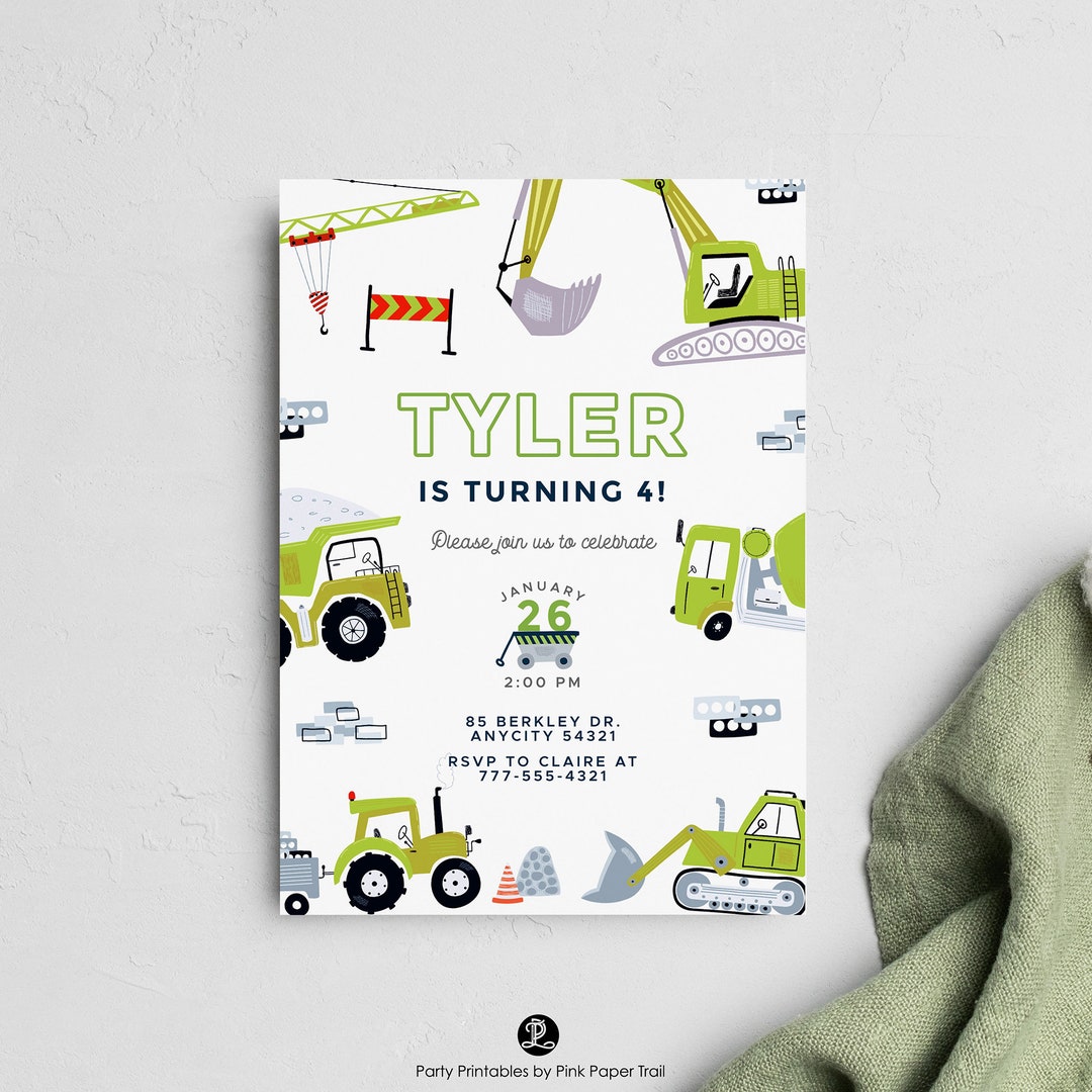 Editable Construction Party Invitation Construction Dump Truck Tractor ...