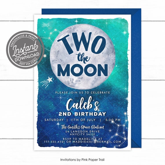 EDITABLE Two the Moon Birthday Invitation, Moon Galaxy and Stars ...