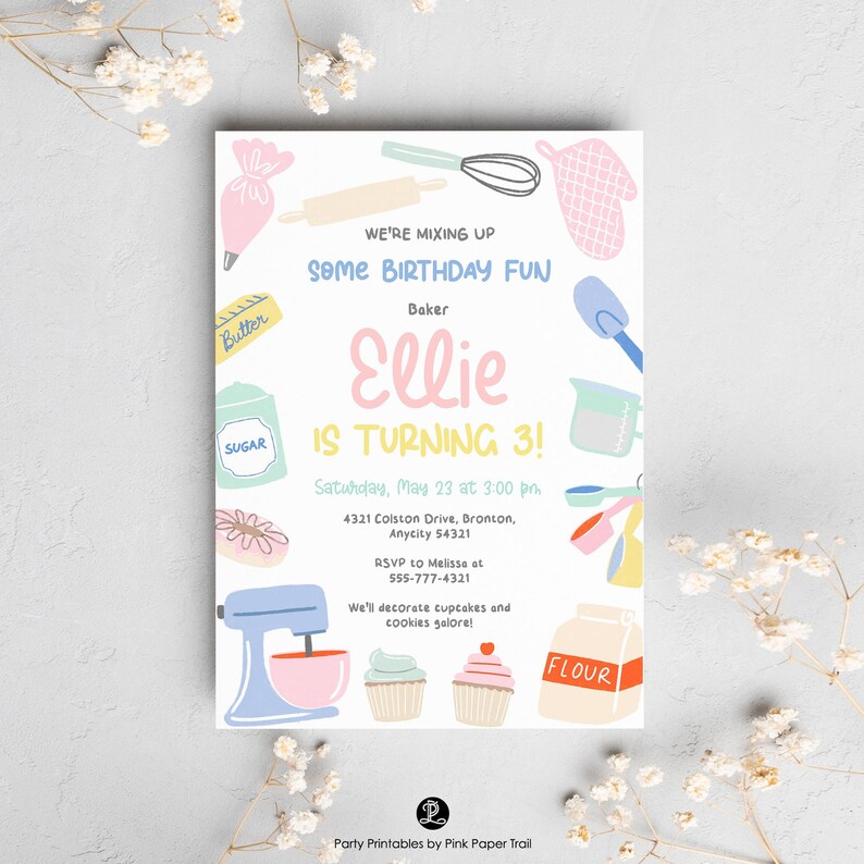 Baking Birthday Invitation Girl Chef Birthday Invite Pastel Colors ...